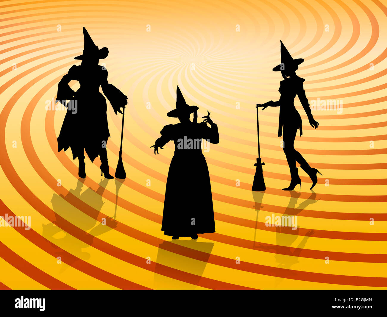 Three Halloween witches on retro background with reflections Stock ...