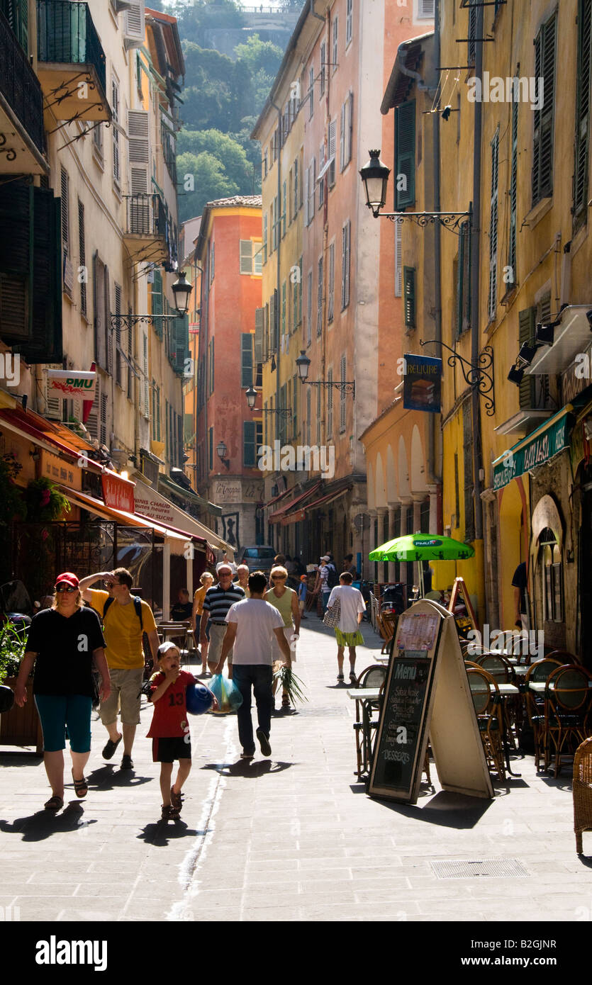 a view of narrow street, Old Town of Nice, Cote d'Azur, France Stock ...