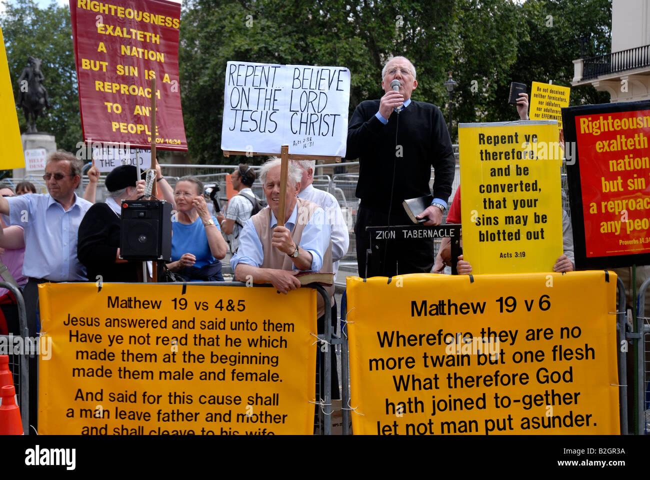 Religious group protesting at Gay Pride March London Stock Photo - Alamy