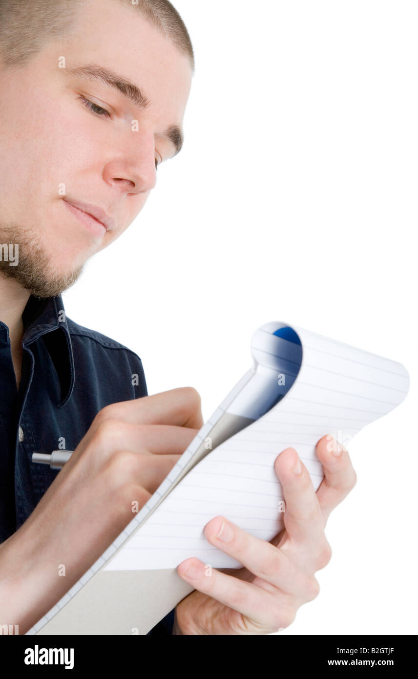young man student college block writing noting noticed papers Stock ...