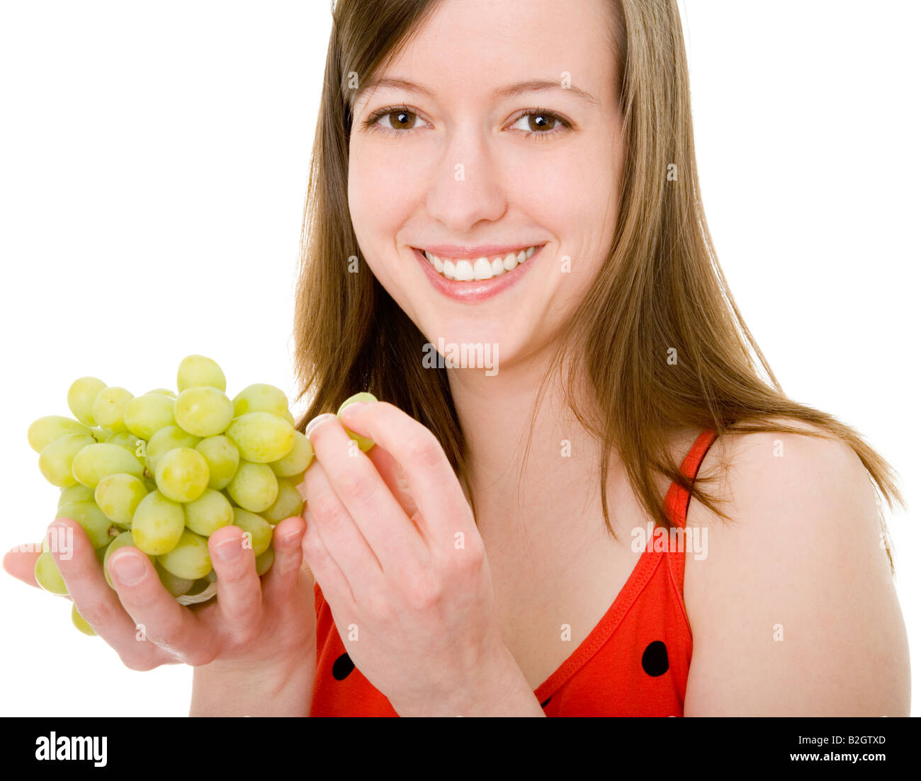 portrait young beautiful attractive woman eating grapes wellness sound ...