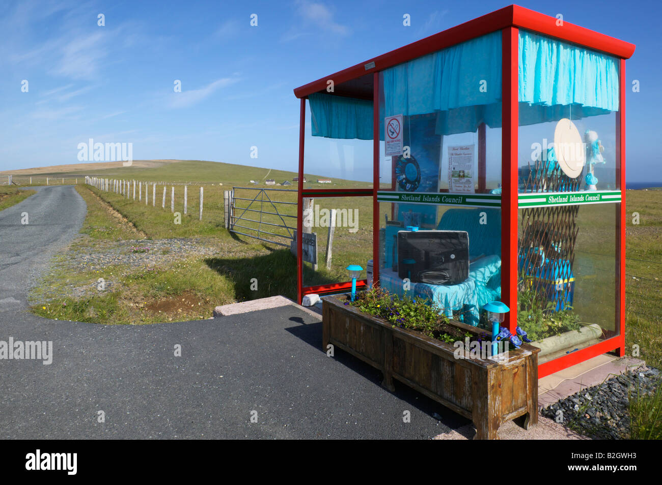 Blue themed and decorated bus stop near Baltasound, Unst, Shetland ...