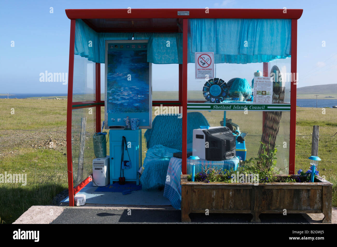 Blue themed and decorated bus stop near Baltasound, Unst, Shetland ...