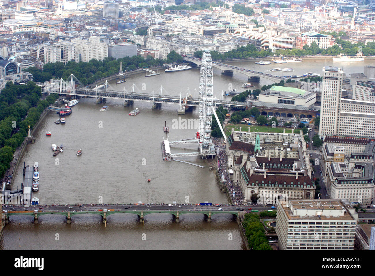 Aerial View of The London Eye and the Thames between Westminster and ...