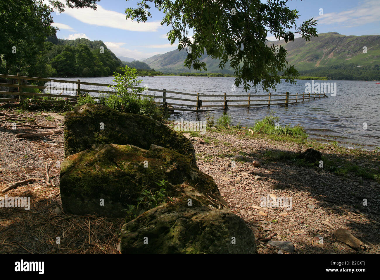 Lake land scene blue sky rocks glorious hills mountains trees Stock ...