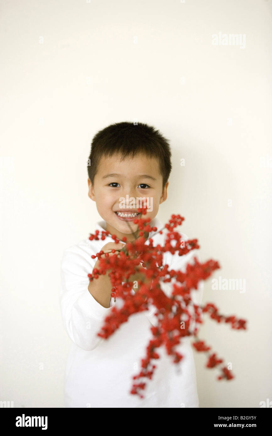 Portrait of a boy showing a plant Stock Photo - Alamy