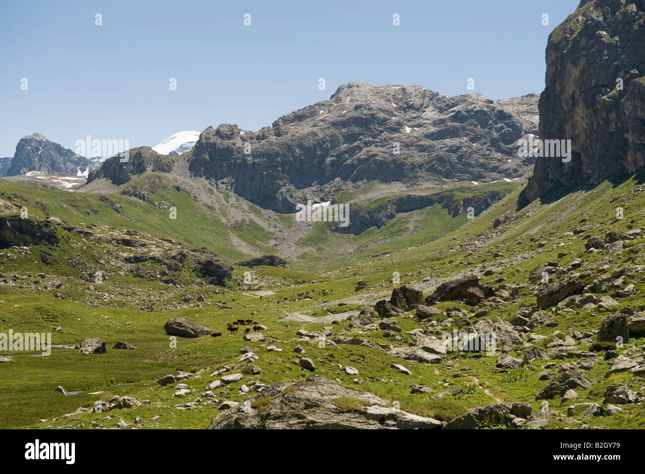France french alps mountain hillside boulders pasture trek summer savoy ...