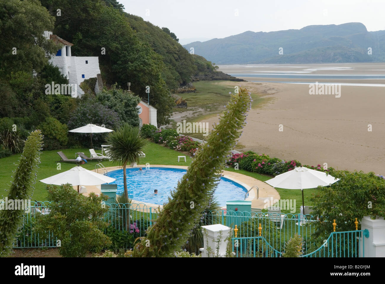 Portmeirion Hotel Swimming pool Gwynedd North Wales UK river Dwyryd ...