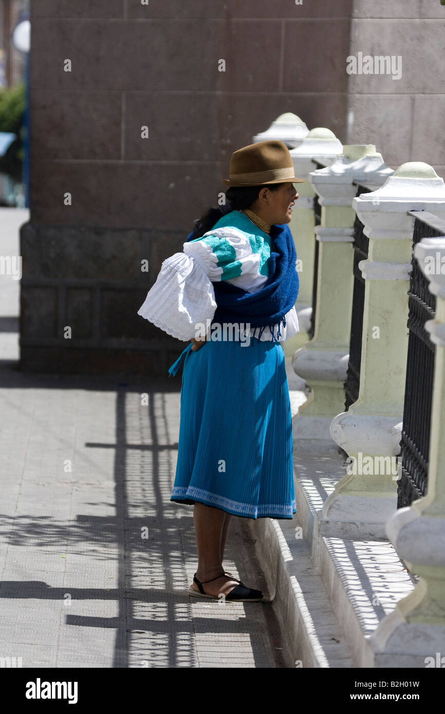 Woman traditional clothes Otavalo Ecuador. bag on back & hat.70381 ...