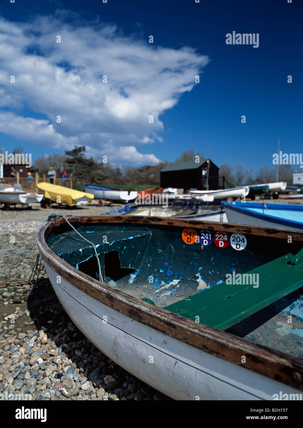 Interior of rowing boat on beach at Orford harbour Suffolk East Anglia ...