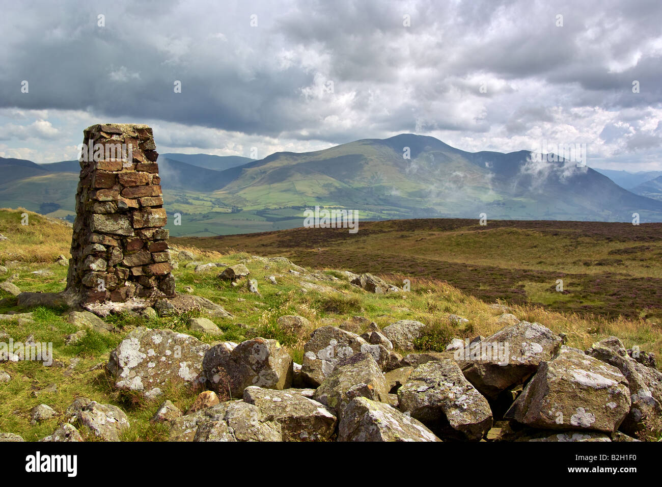 Trig point at the summit of Binsey, in the Lake District, Cumbria, UK ...