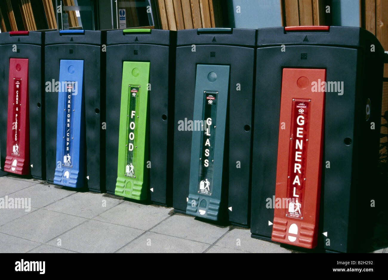 Recycling bins at the Eden Project Cornwall UK Stock Photo - Alamy