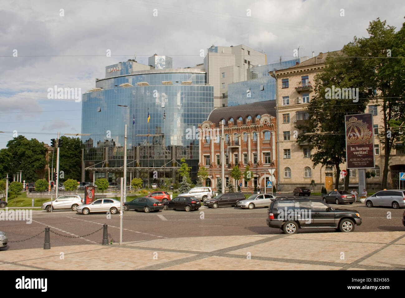 Hyatt Regency Kyiv hotel with its modern glass facade in the city ...
