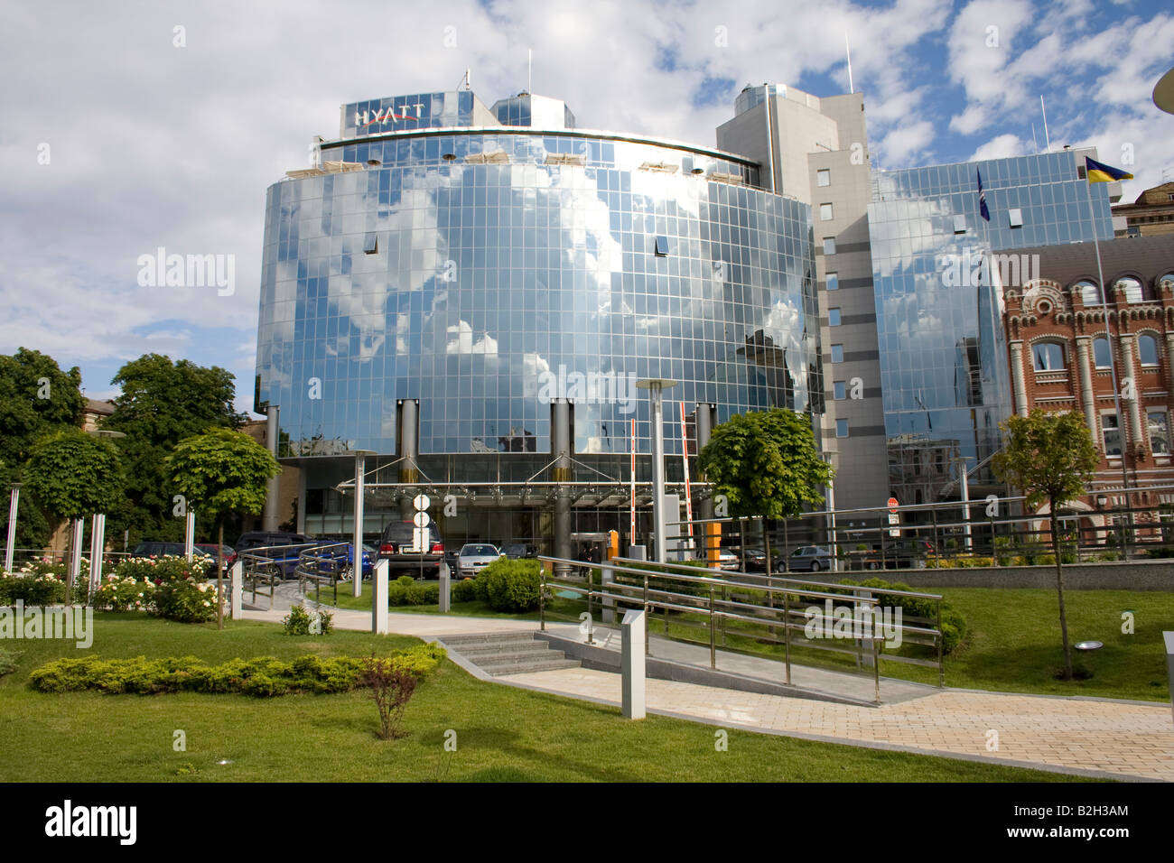 Hyatt Regency Kyiv hotel with its reflective glass facade, modern ...