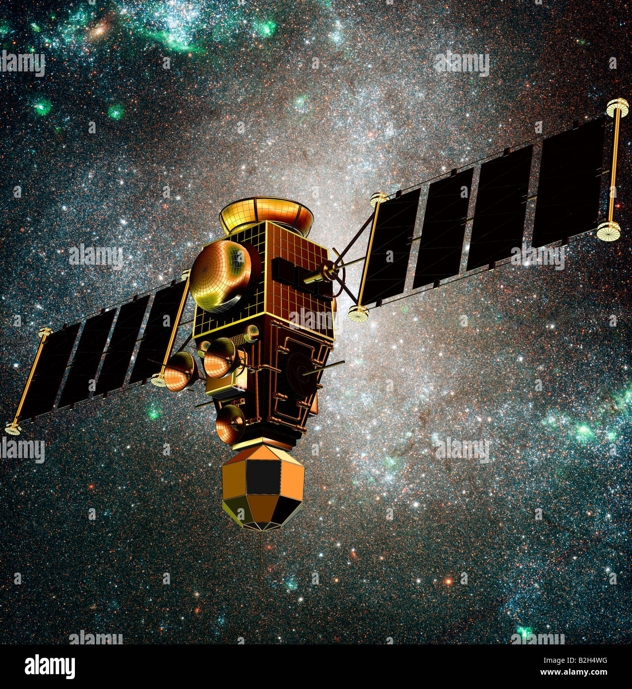 computer generated space vehicle flying past galaxy Stock Photo - Alamy