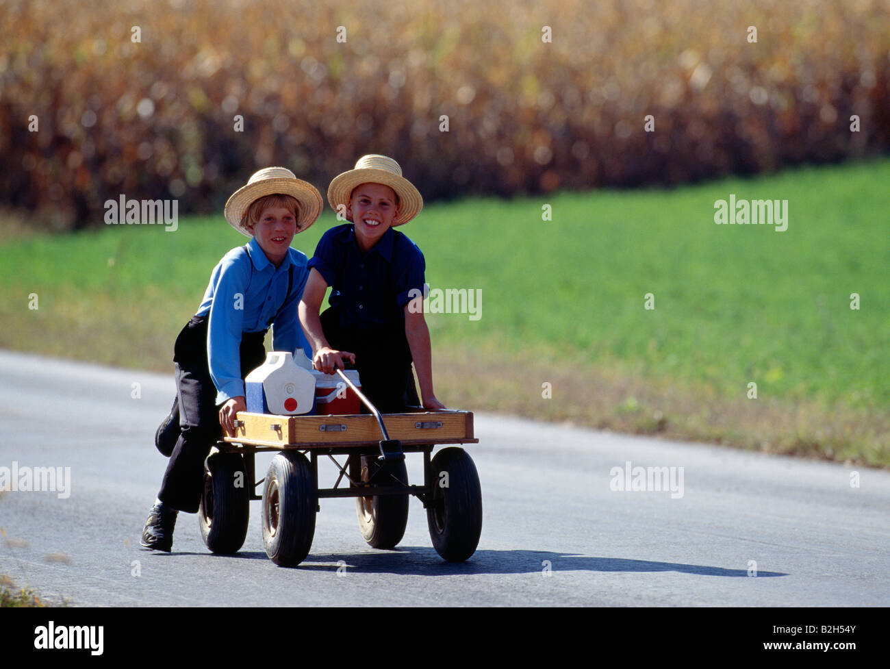 Amish children in traditional plain clothing riding a wagon on their ...