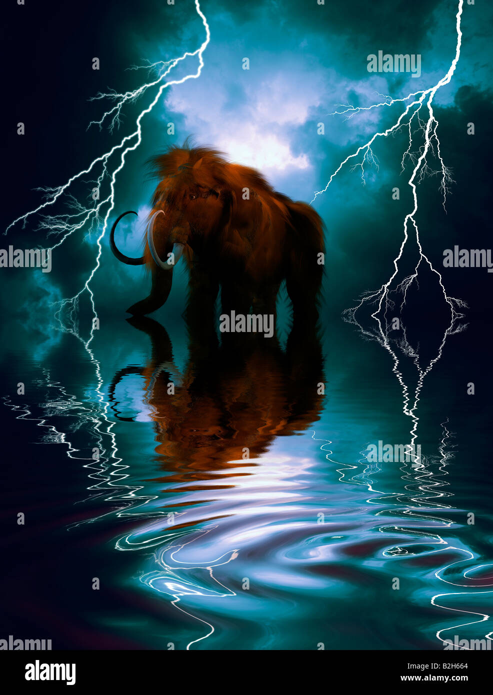 computer generated prehistoric mastodon standing in shallow water ...