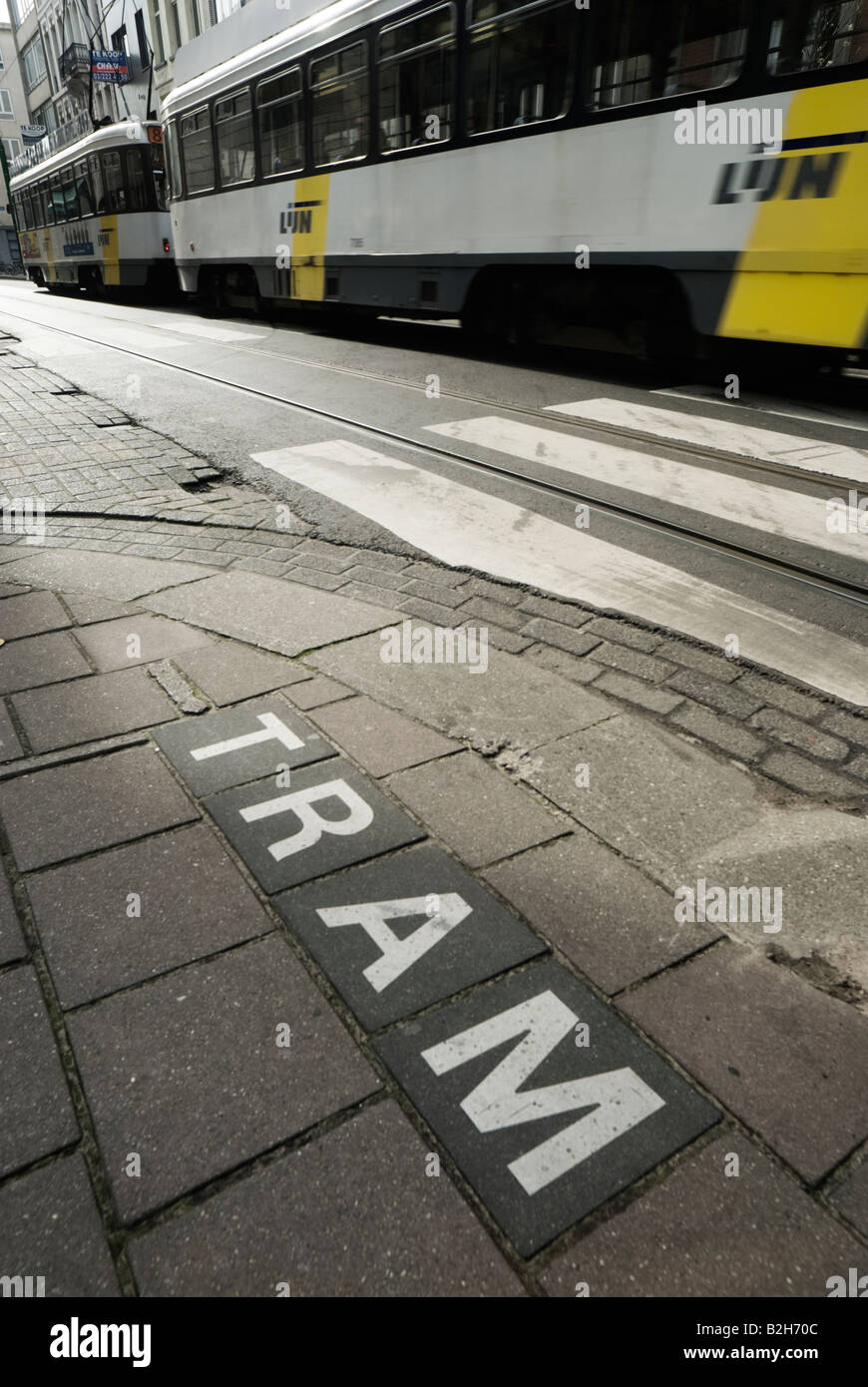 Tram and sign, Antwerp, Belgium Stock Photo - Alamy