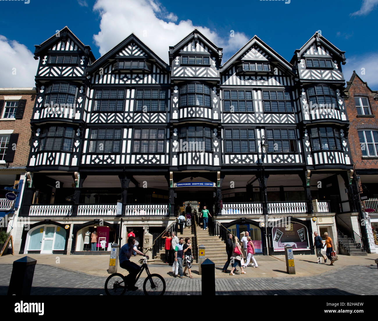 External view of modern shopping centre inside historic timbered ...