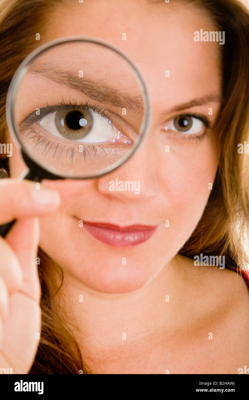 loupe magnifier portrait woman eyes amplified enlarges eye funny joke ...