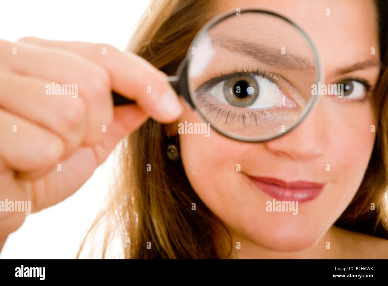 loupe magnifier portrait woman eyes amplified enlarges eye funny joke ...
