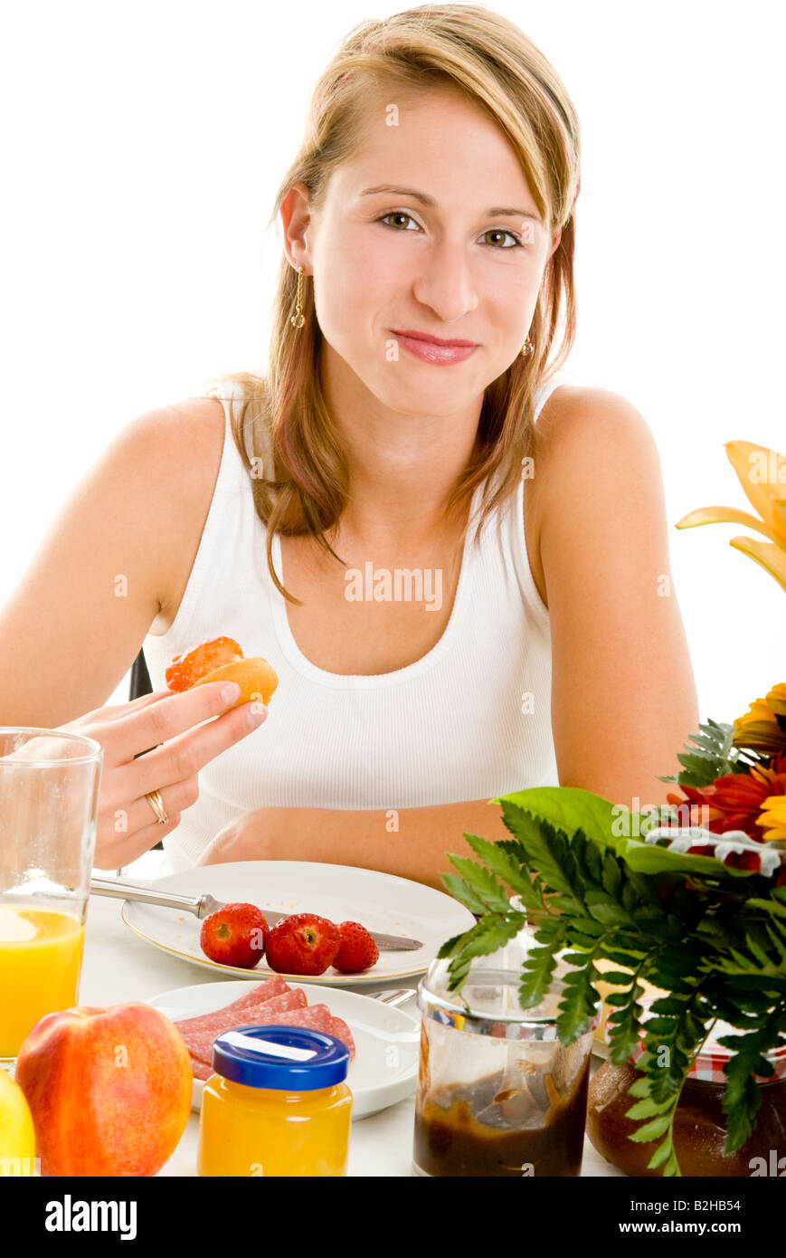 orange juice croissant orange squash young blond woman breakfast fruits ...