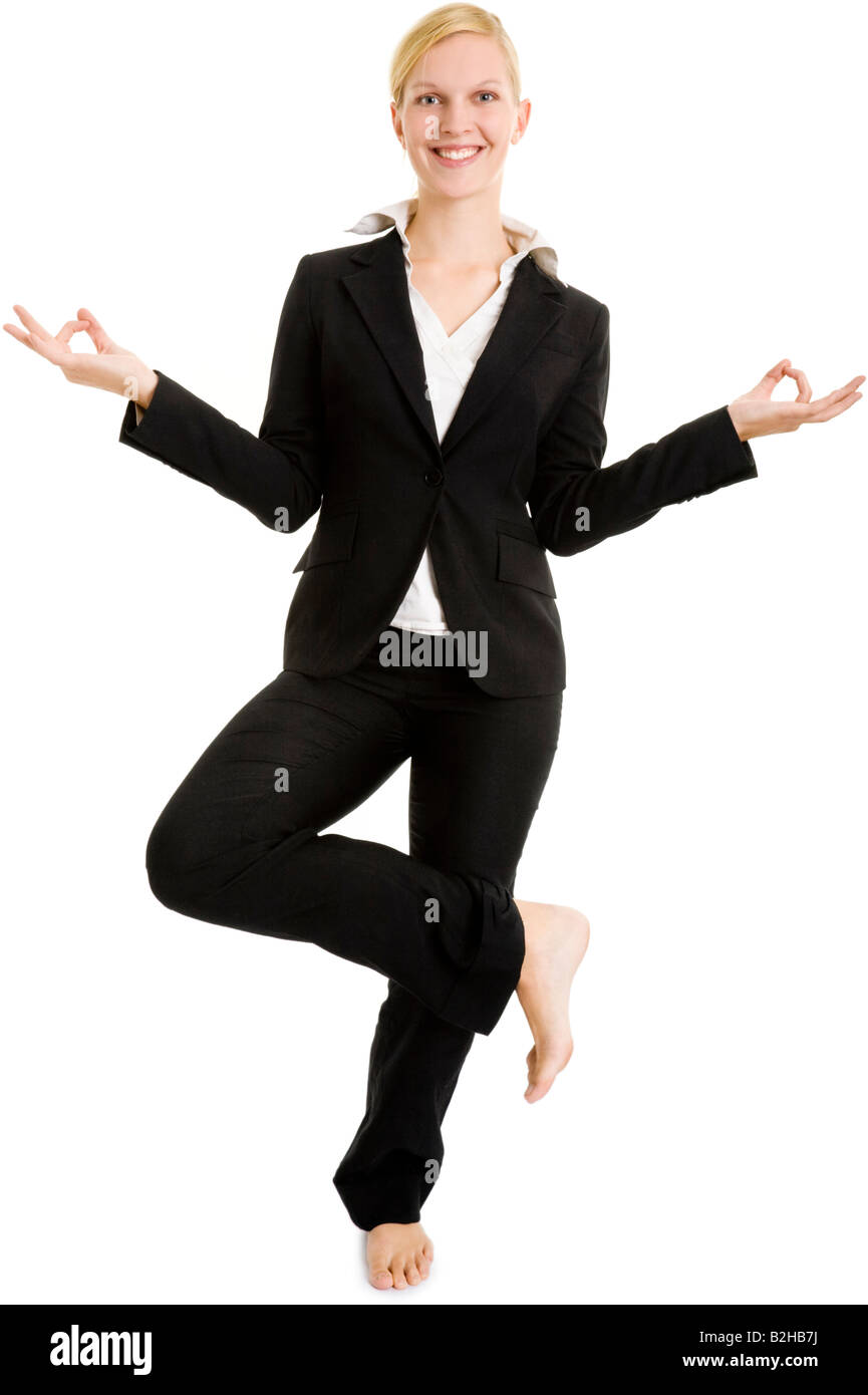 acrobat airy easily balance business woman manager balance on one foot ...