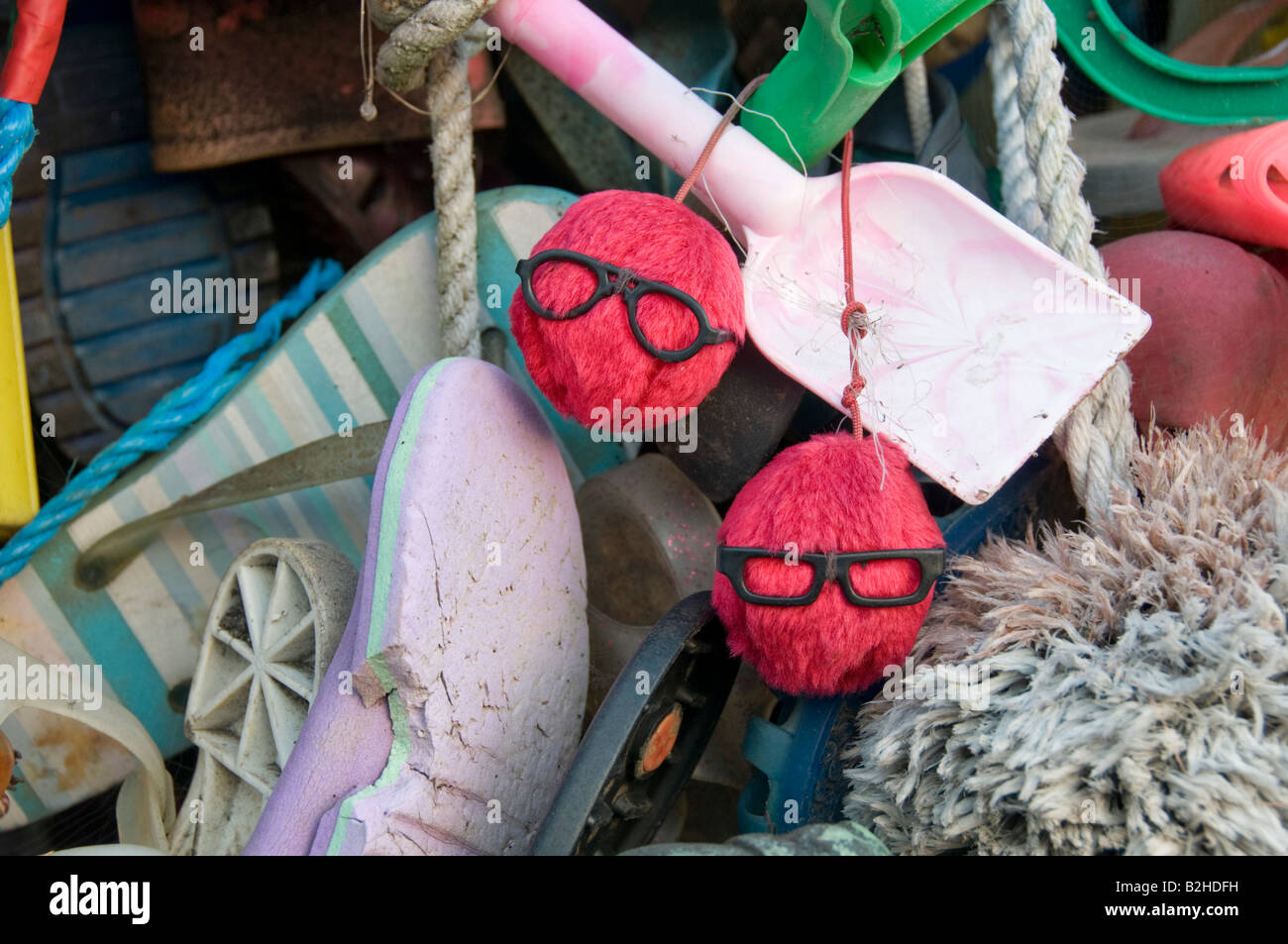 Close-up of sculpture constructed from objects washed up on the beach ...