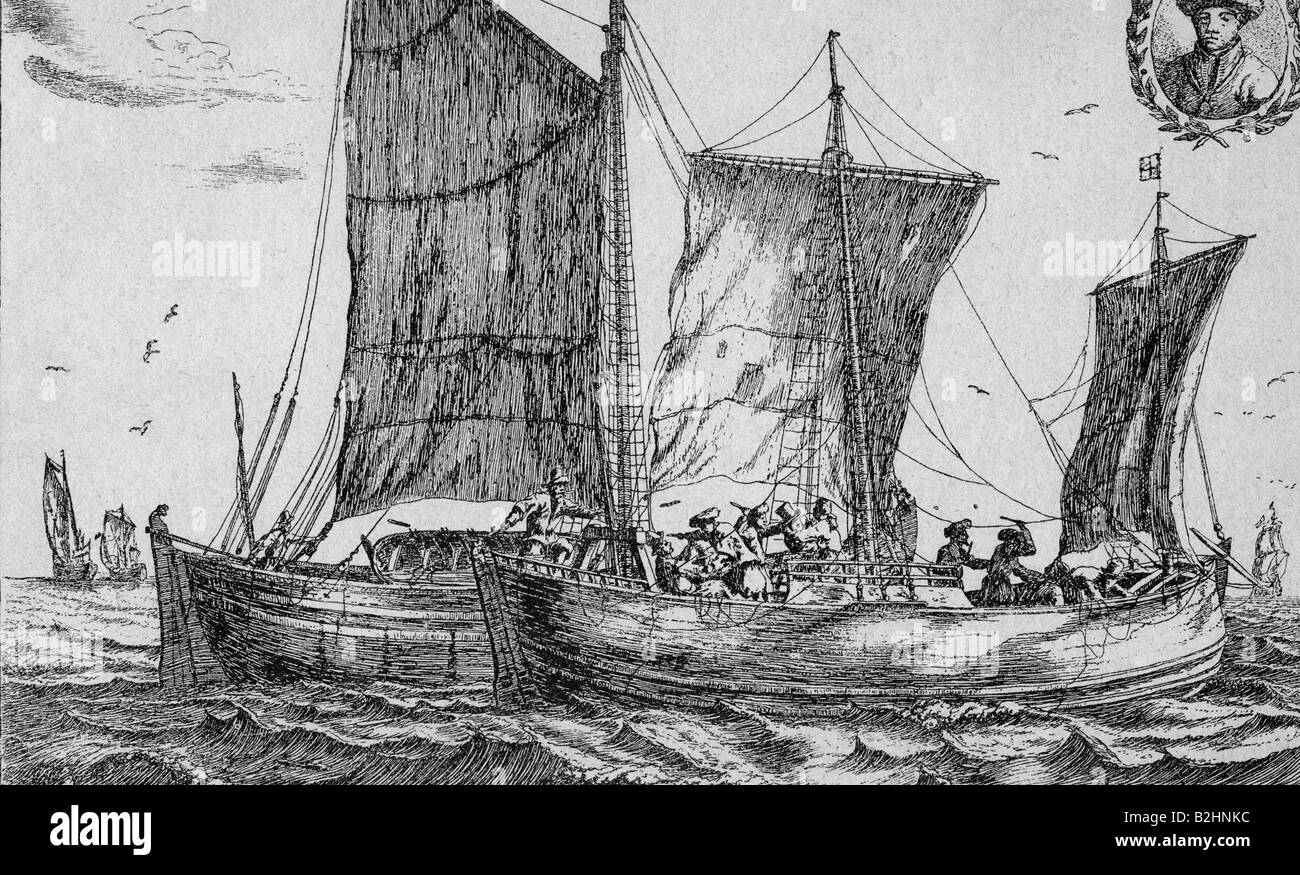 navigation, pirates, raiding a Dutch fishing boat, engraving by Dancker ...