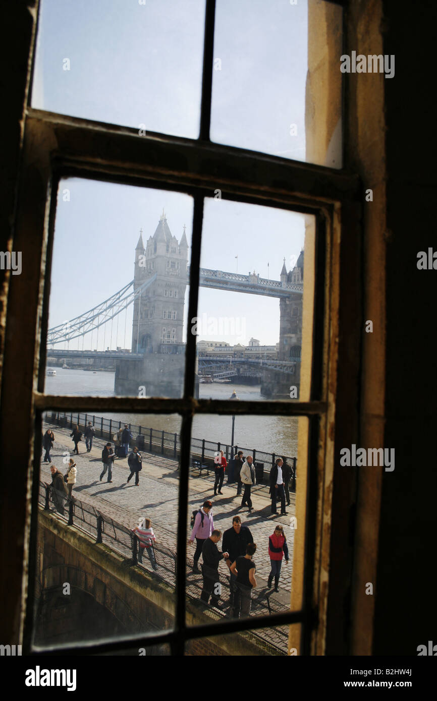 Tower bridge seen through window at Tower castle Stock Photo - Alamy