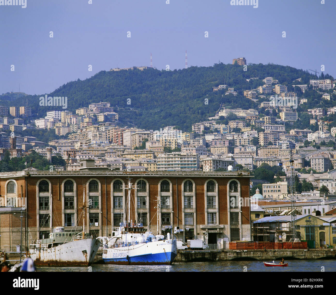 geography / travel, Italy, Genoa, harbour, part of the city, ship Stock ...