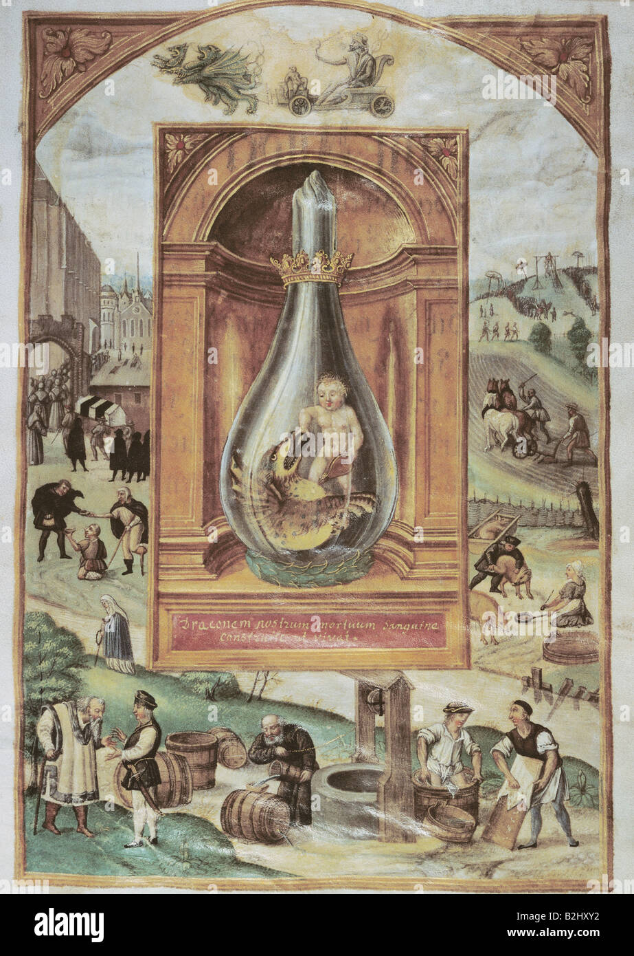 alchemy, allegory, vial with dragon and boy, miniature, "Splendor Solis ...