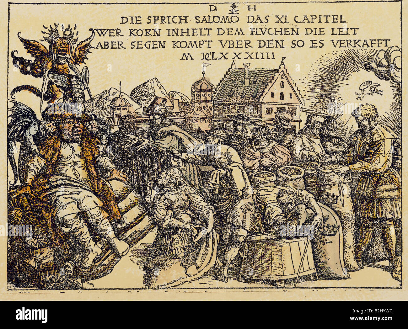 trade, satire, caricature on grain profiteering, etching, coloured ...