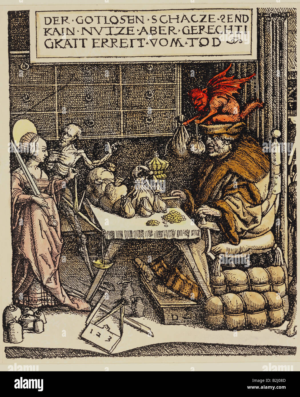 trade, satire, caricature on the rich merchant between death and the ...