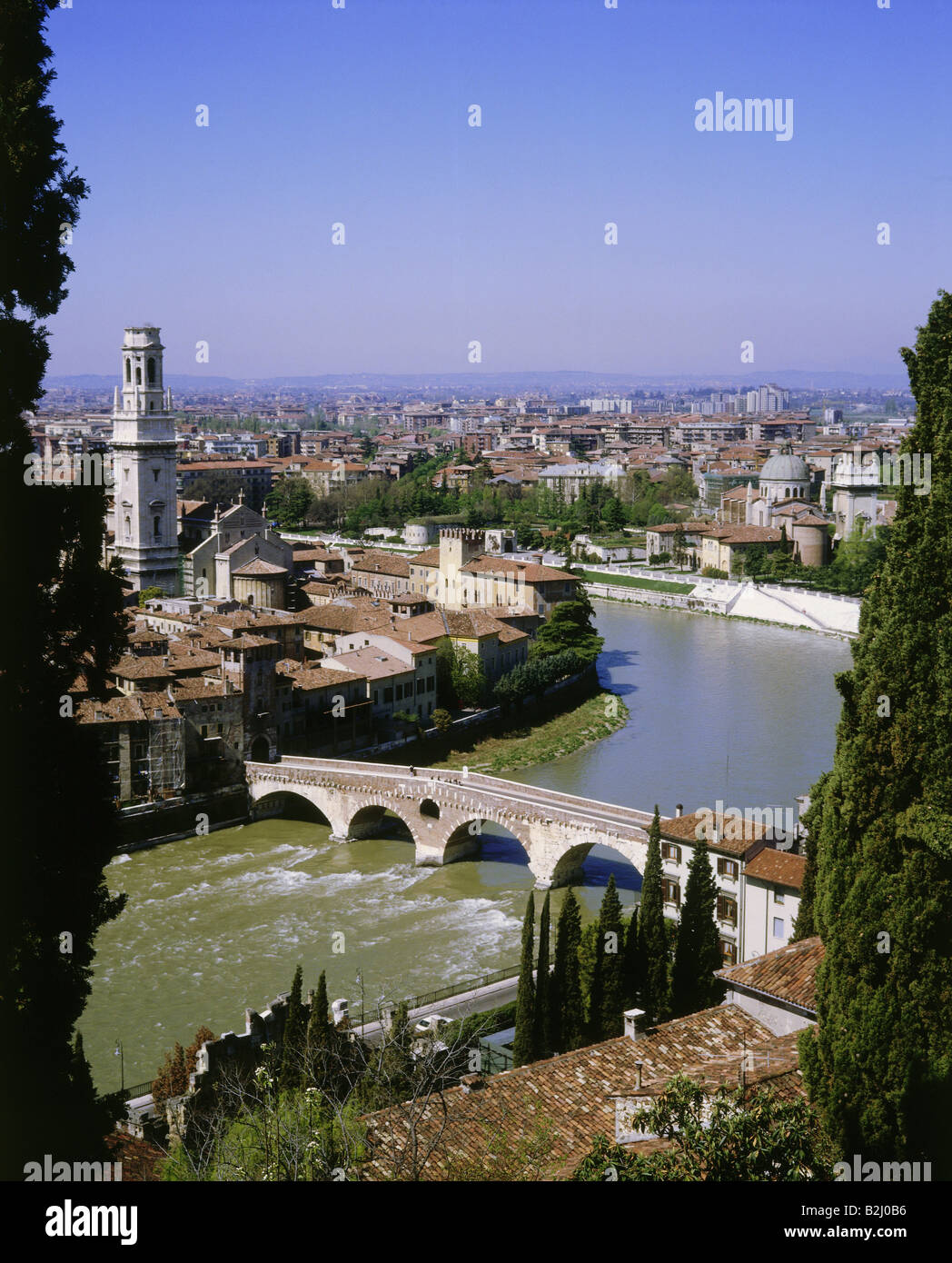 geography / travel, Italy, Verona, overviews, Bridges, river, church ...
