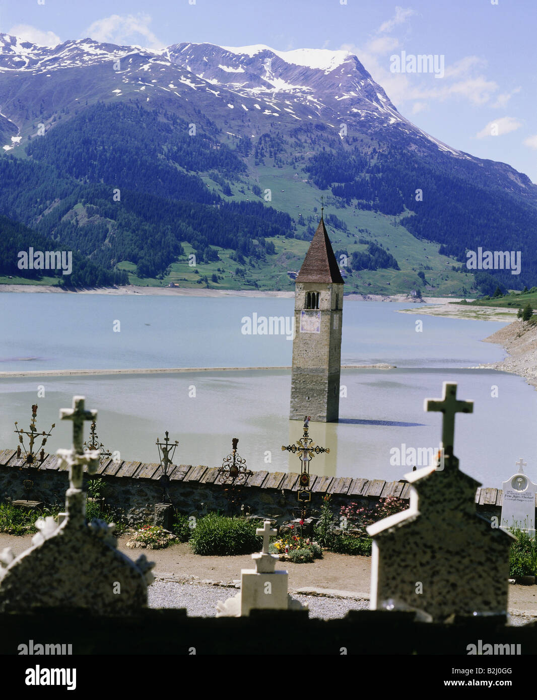 geography / travel, Italy, South Tyrol, Lake Reschensee, Granner Spire ...