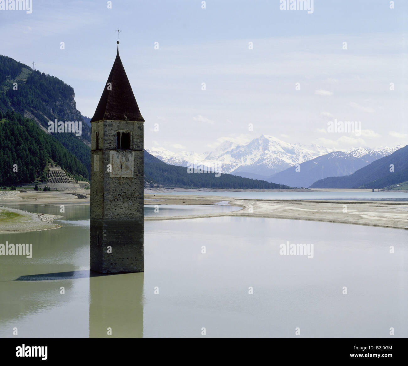 geography / travel, Italy, South Tyrol, Lake Reschensee, Granner spire ...