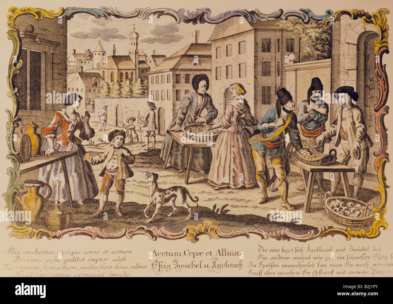 trade, markets, traffic, salesmen in a market, copper engraving ...