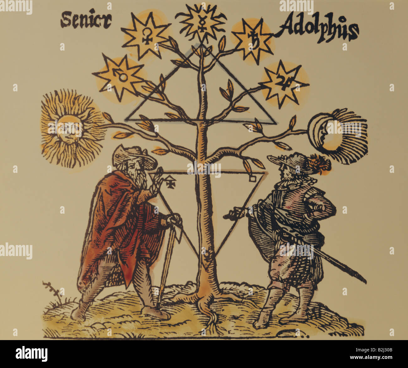 alchemy, allegory, Senior and Adolphus under the planet tree, coloured ...