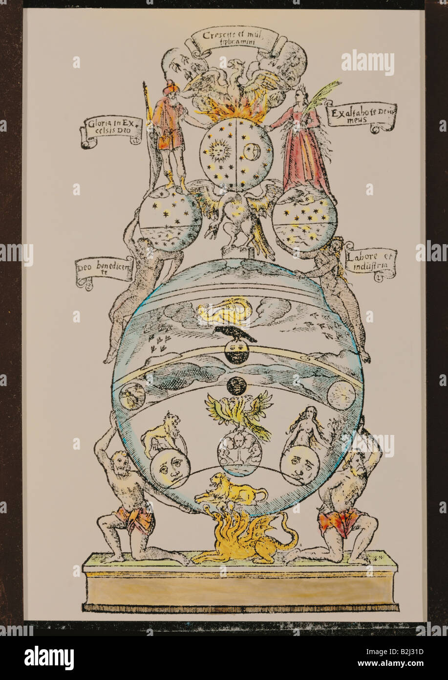alchemy, allegory of the world scheme, coloured woodcut by Libartus ...