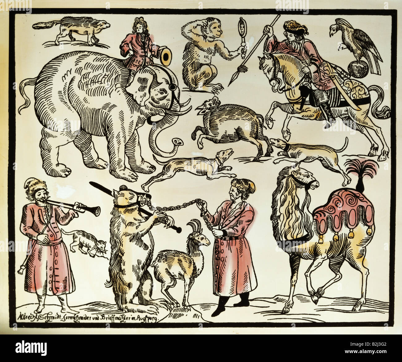 advertising, circus, advertisement showing carnies and animals, woodcut ...