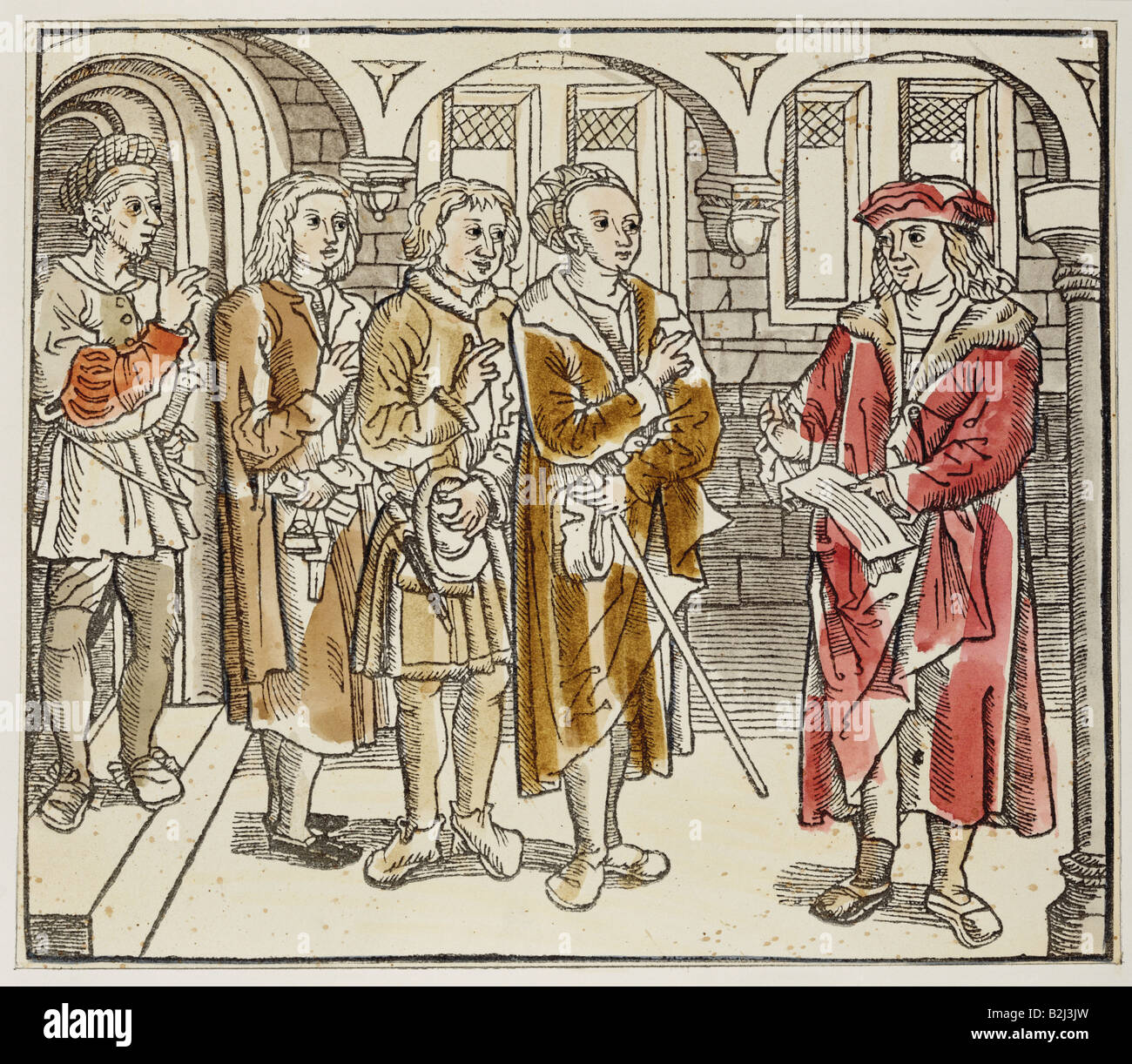 justice, judges, adjuration of witnesses, woodcut, coloured, from ...