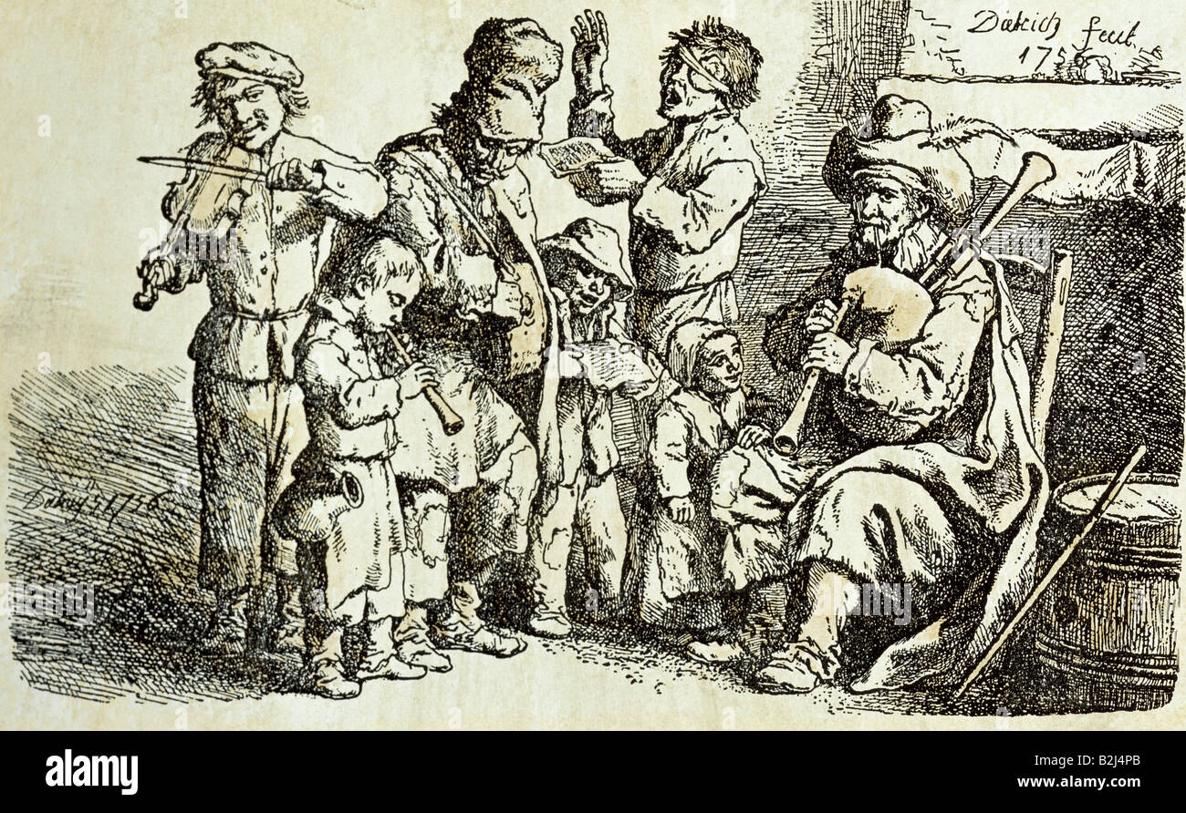 music, musician, wandering musicians with fiddle, shawm, hurdy gurdy ...