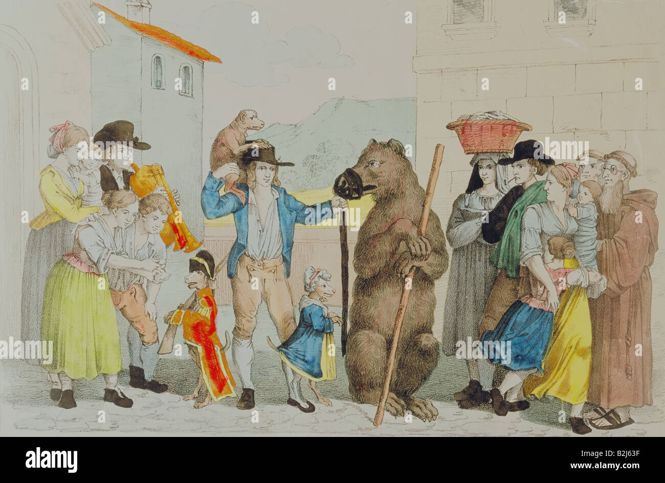 circus, animal training, bear and dogs, coloured engraving, Italy ...