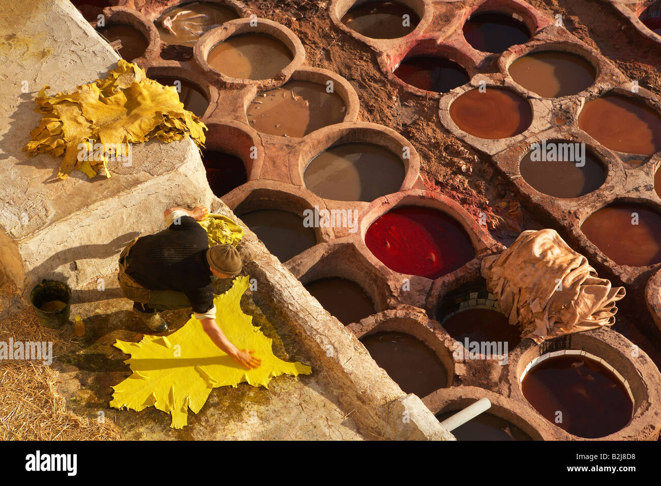 a tanner dyeing and drying hides, the Tannery, Fes, Morocco Stock Photo ...