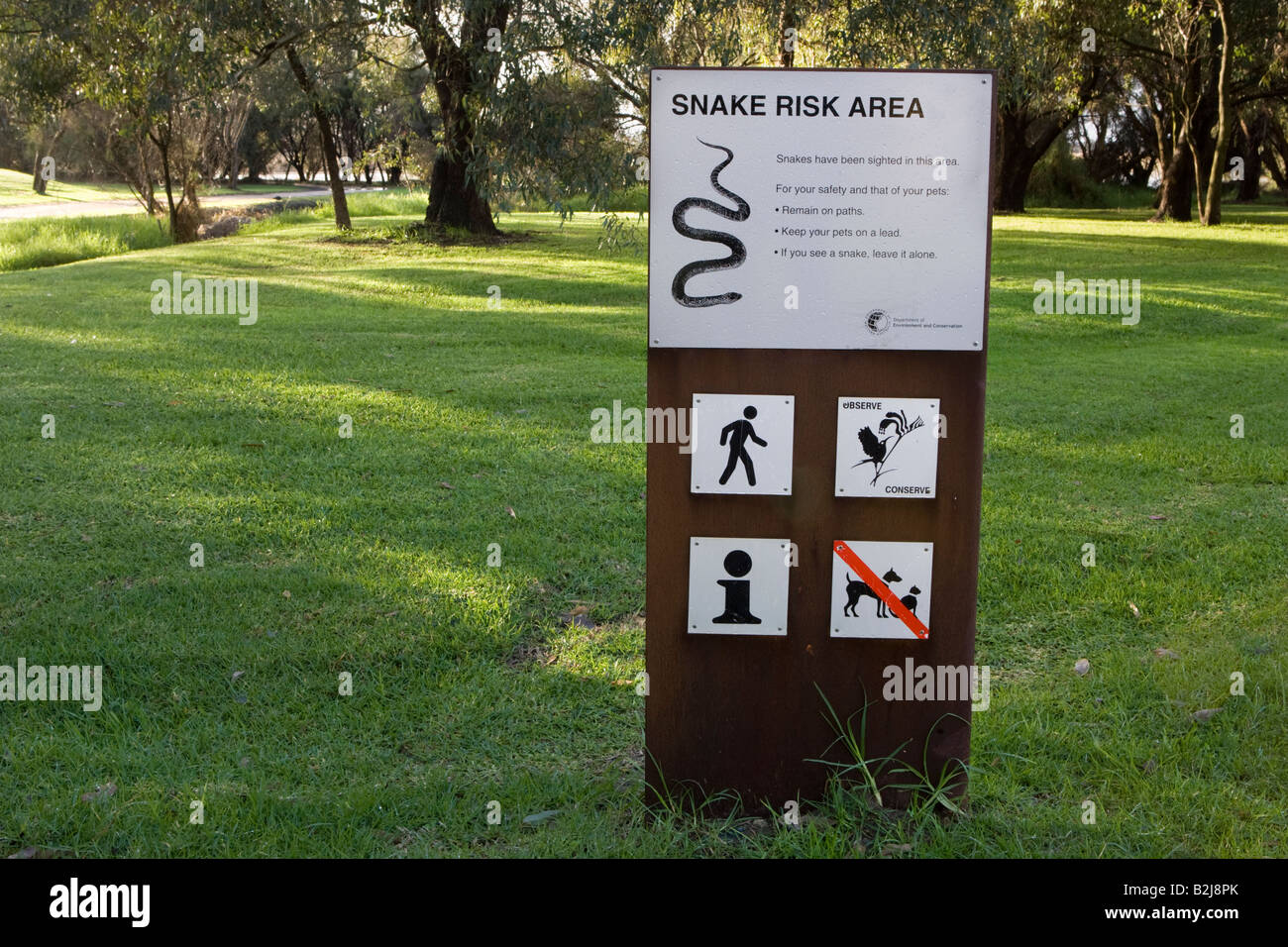 A sign warning of snakes at Herdsman Lake Regional Park in Perth ...