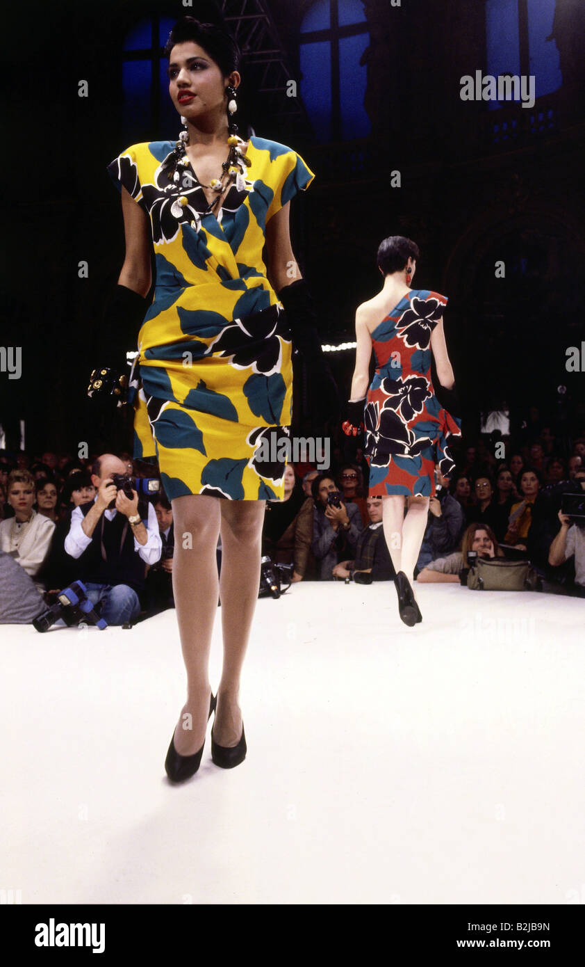 fashion, 1980s, mannequin, wearing dress, full length, on catwalk ...