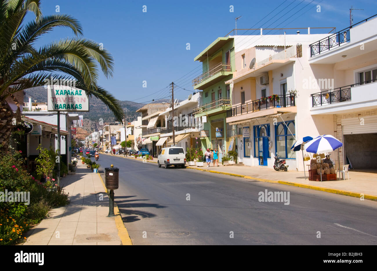 Tavern and shops in Malia Old Town on the Greek Mediterranean island of ...