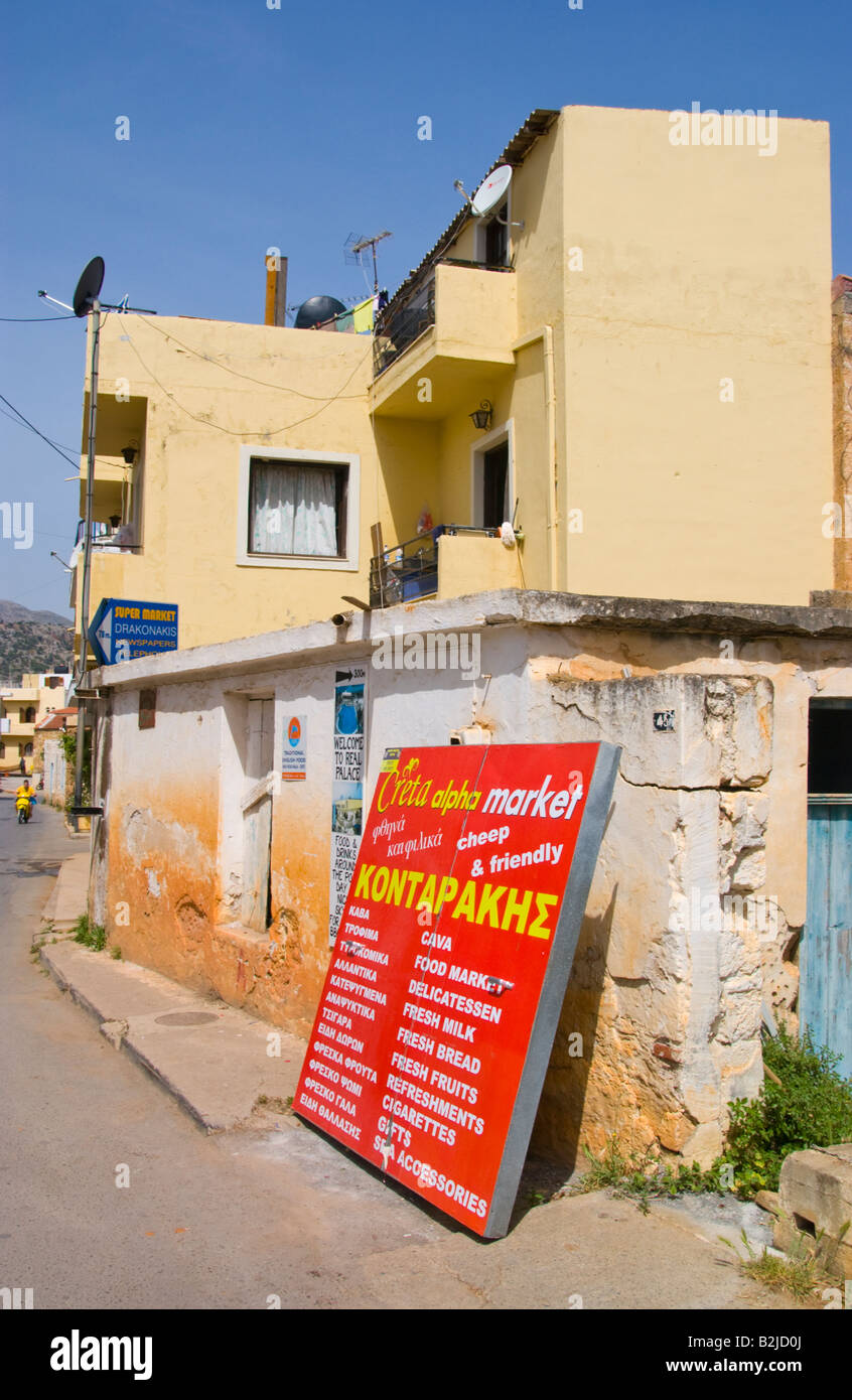 Sign for tourists in Malia Old Town on the Greek Mediterranean island ...