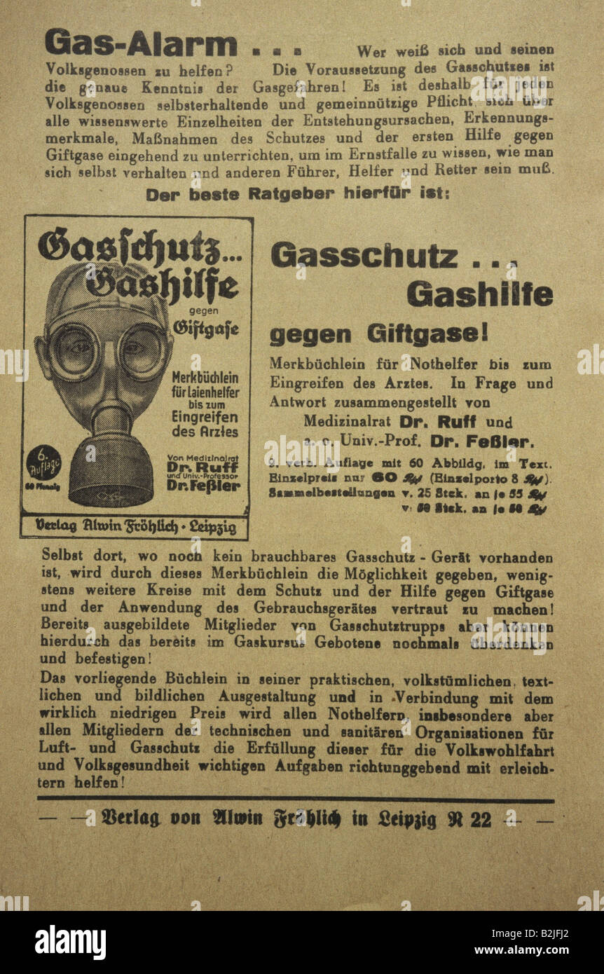 advertising, medicine, papers, ad for booklet "Gasschutz...Gashilfe" by ...
